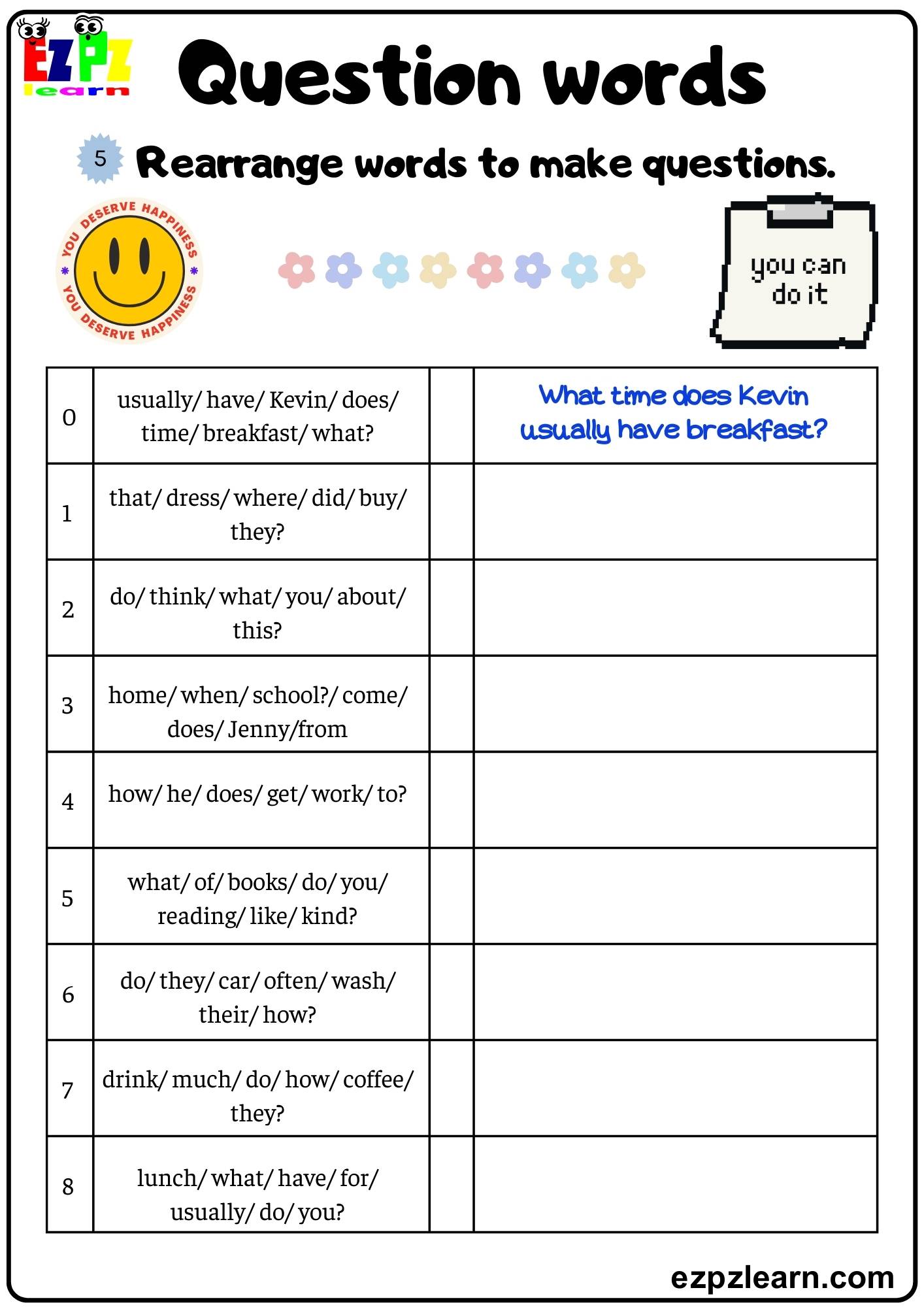 Question Words Rearrange the Words to Make Questions Grammar Exercise ... Question Words Rearrange the Words to Make Questions Grammar Exercise ...
